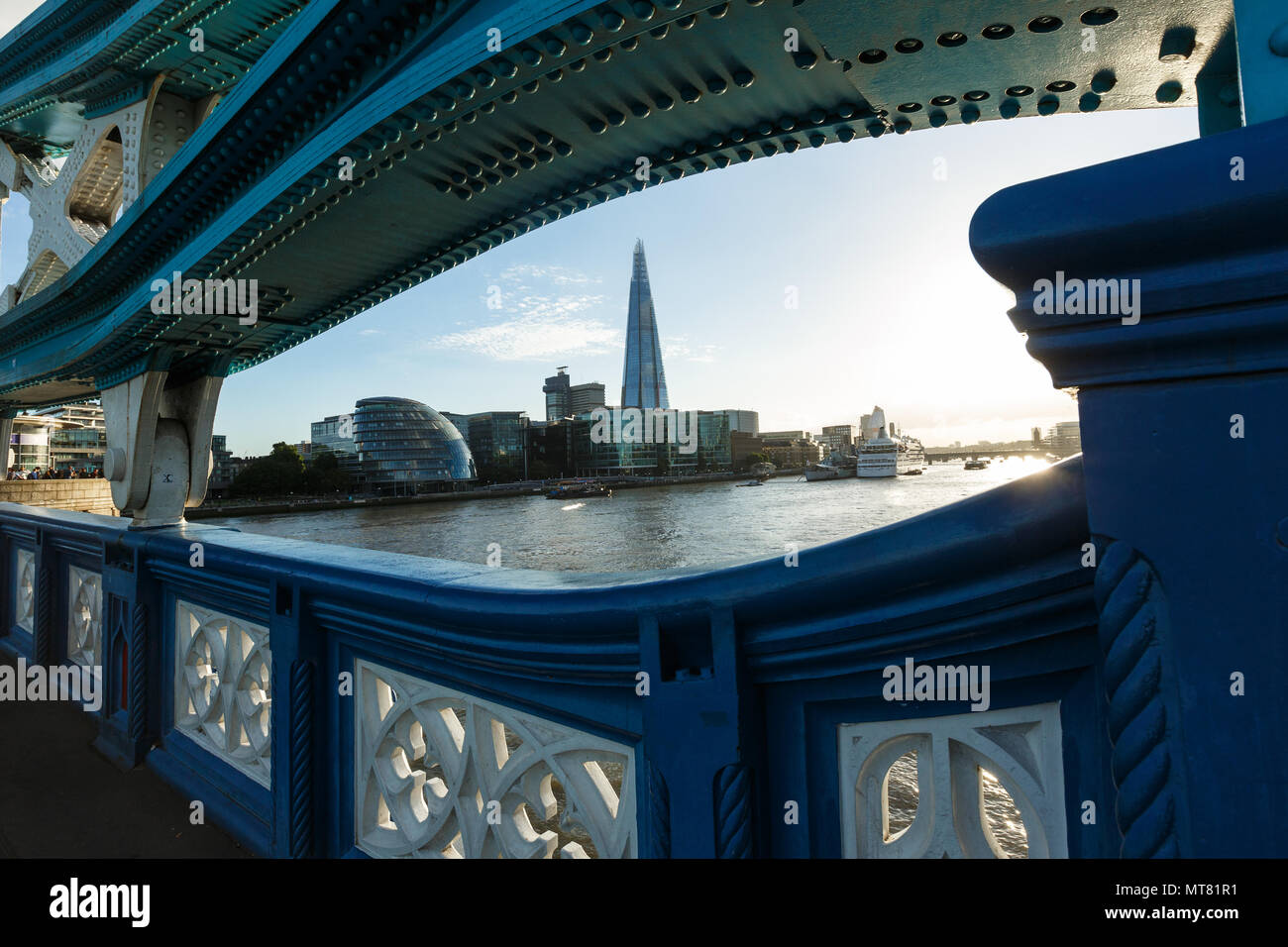 View of embankment with Shard, City Hall through Tower Bridge ...