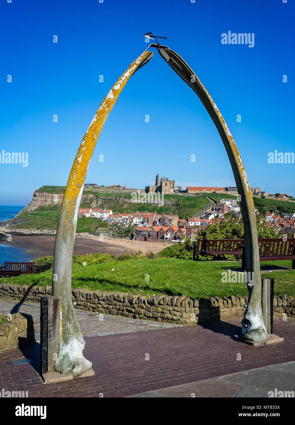 Whitby Abbey through the whale bone arch taken at Whitby, Yorkshire, UK ...
