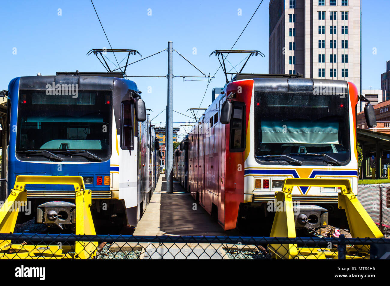 Commuter Trains Parked At End Of Line Stock Photo - Alamy