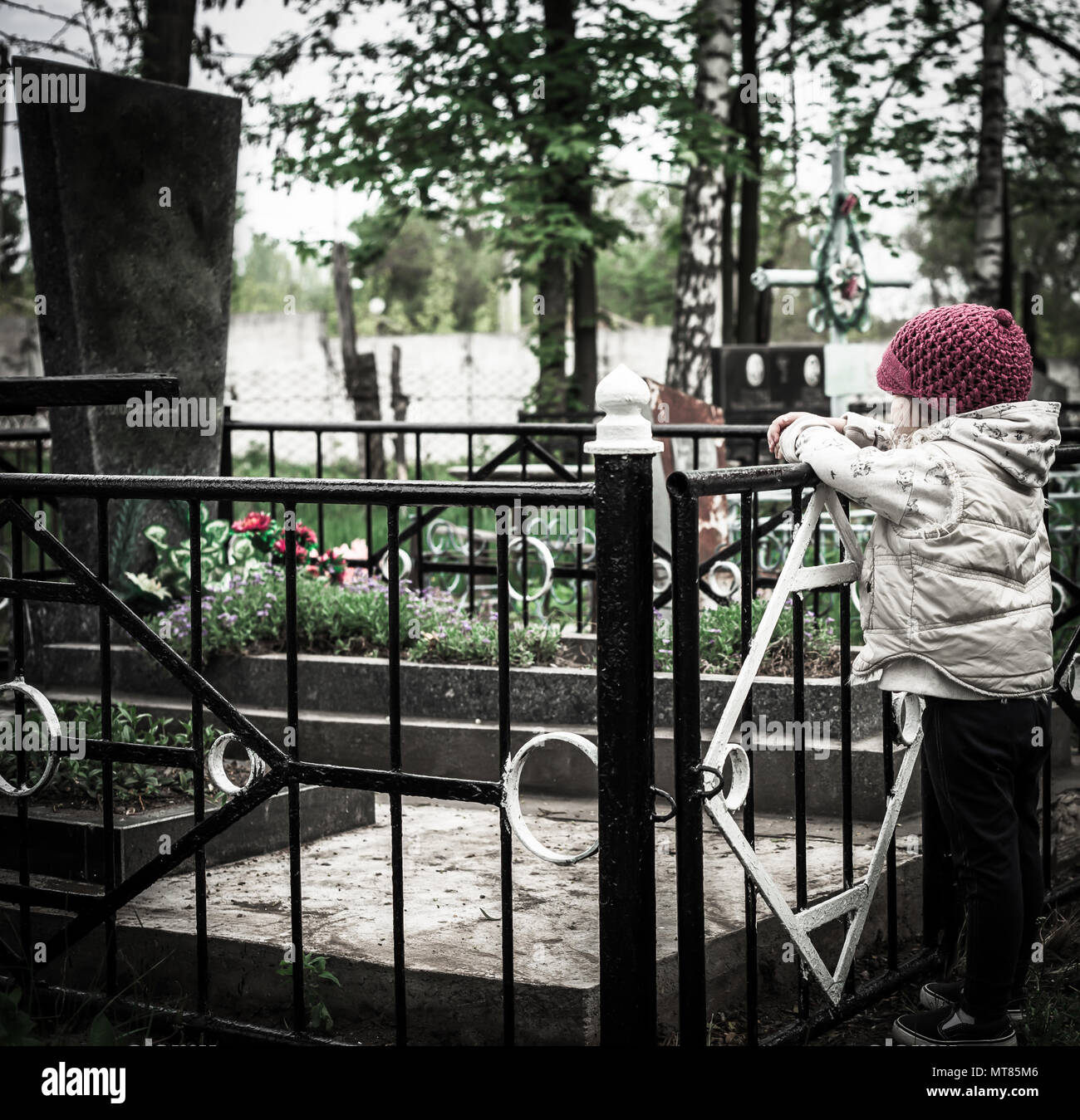 a little girl near grave in the cemetery Stock Photo - Alamy