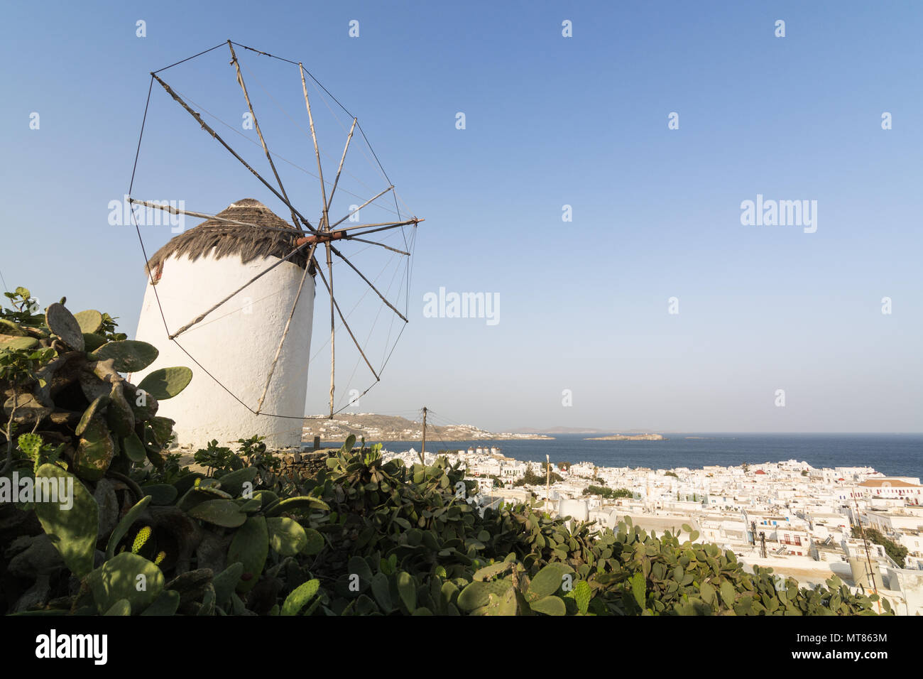Ancient Bonis windmill in Mykonos old town, cactus bushes on the ...