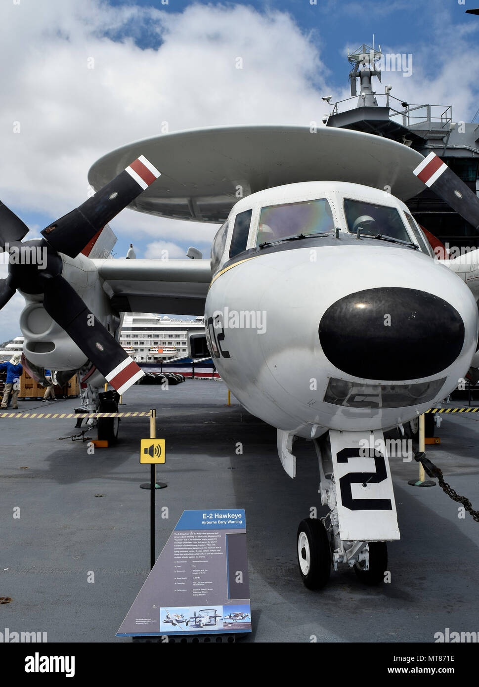 E-2 Hawkeye, early warning propeller aircraft, on the flight deck of ...
