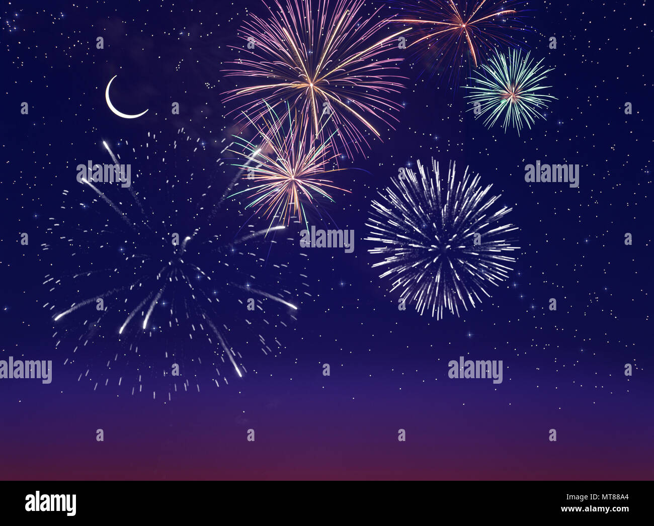 1990 HISTORICAL STARRY SKY AT NIGHT WITH CRESCENT MOON ON DARK BLUE SKY ...