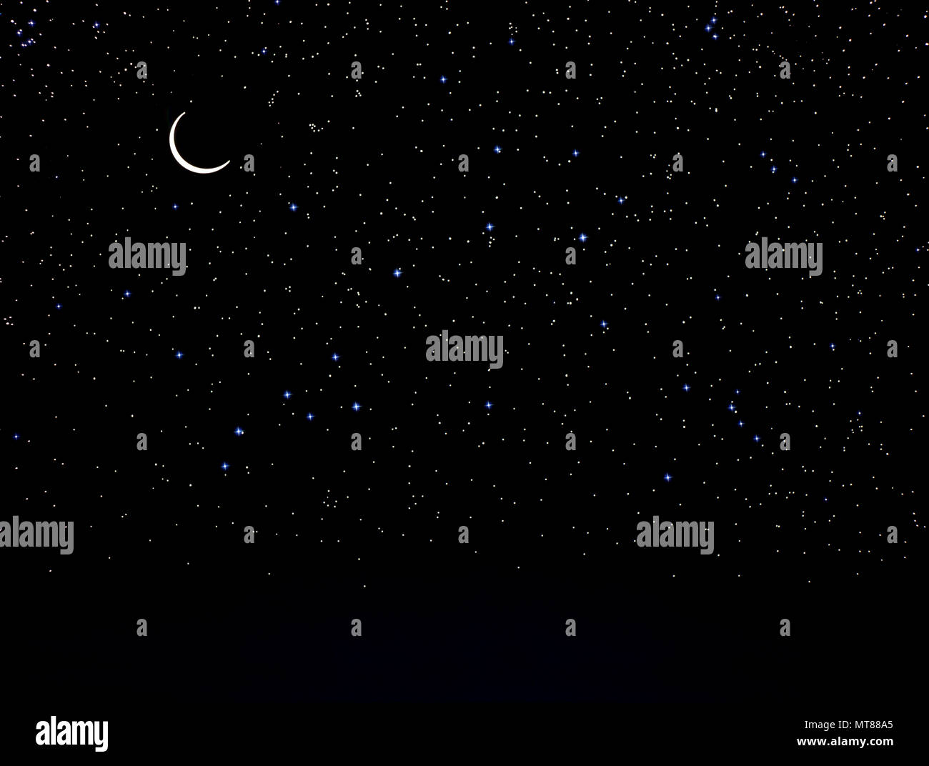 1990 HISTORICAL STARRY SKY AT NIGHT WITH CRESCENT MOON ON DARK BLUE SKY ...