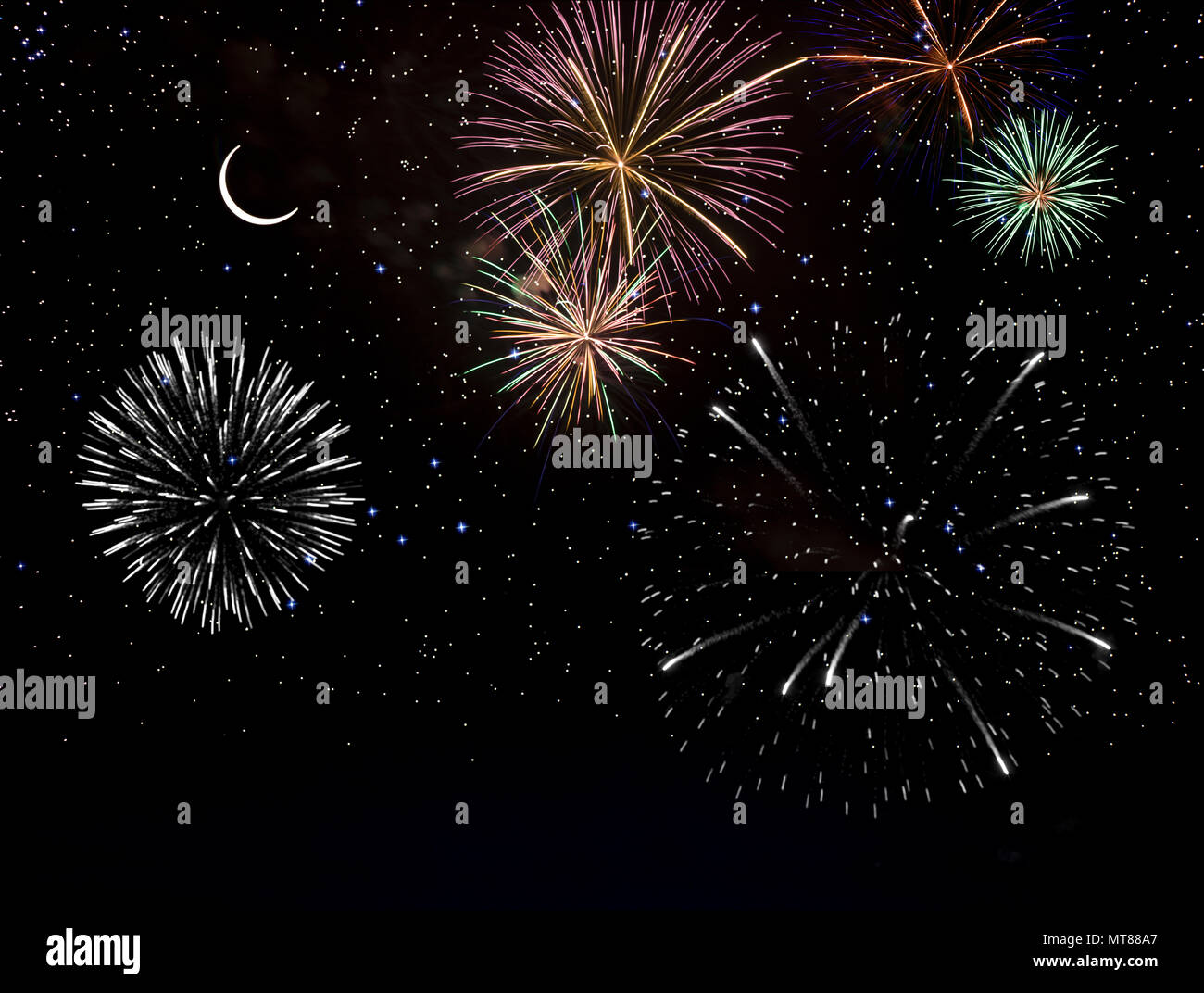 1990 HISTORICAL STARRY SKY AT NIGHT WITH CRESCENT MOON ON DARK BLUE SKY ...