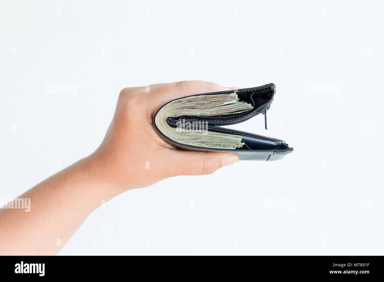 hand holding money wallet isolated on white background Stock Photo - Alamy