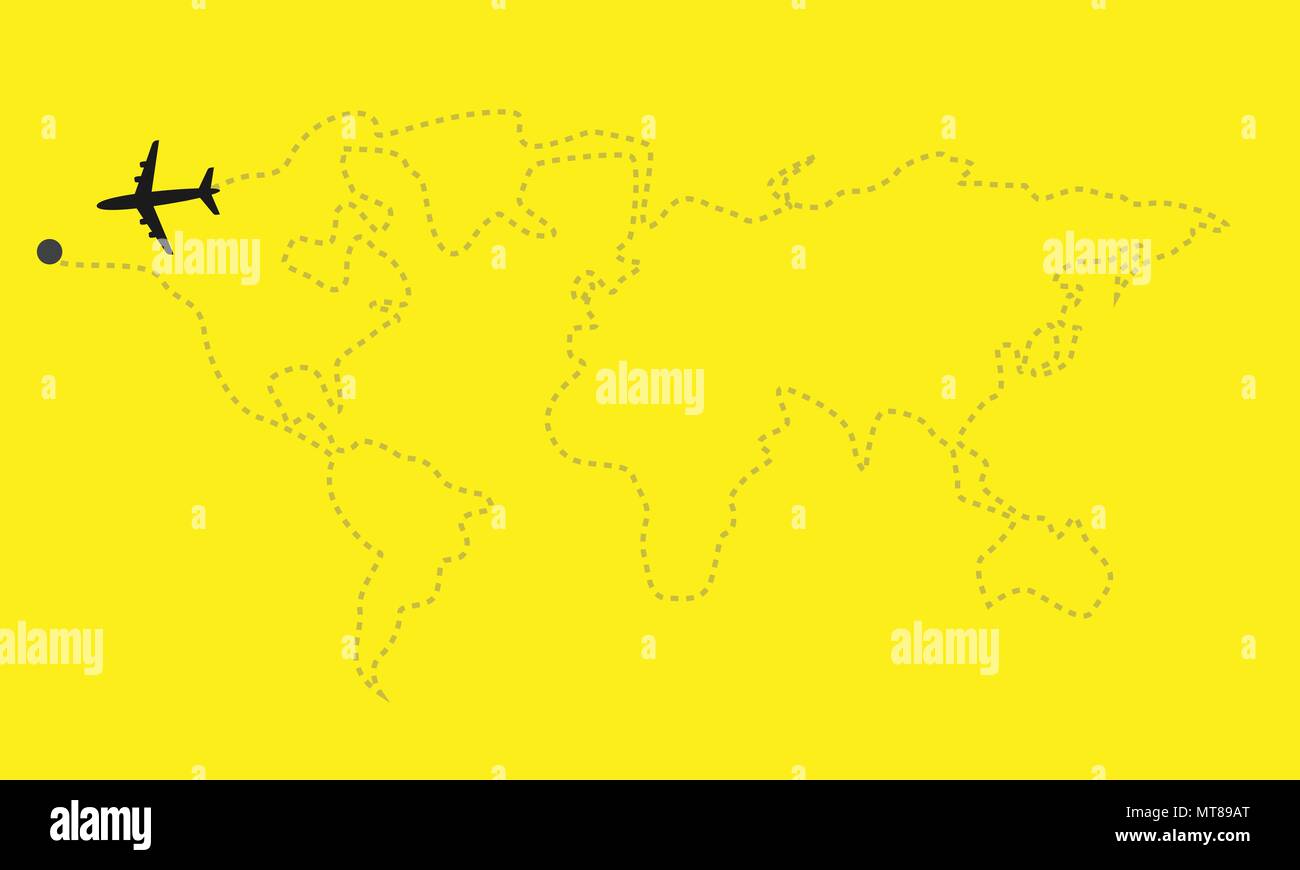 World Map Whit Dashed Trace Line And Airplane Flying Through All Over