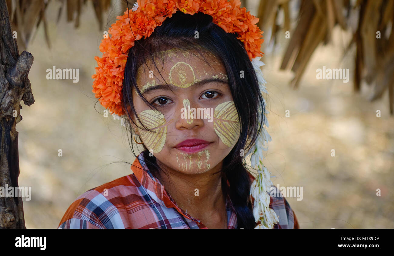 Bagan, Myanmar - Feb 22, 2016. A Burmese woman with thanaka paste on ...