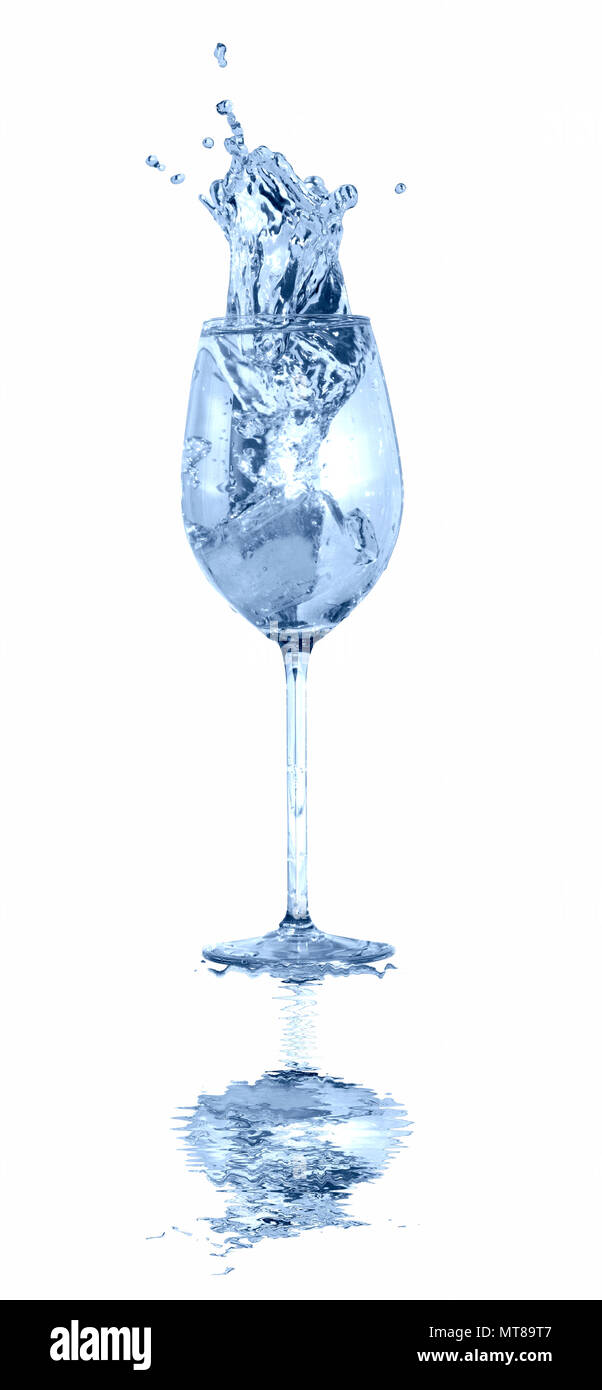 Goblet of cool splashing water with ice isolated on white background ...