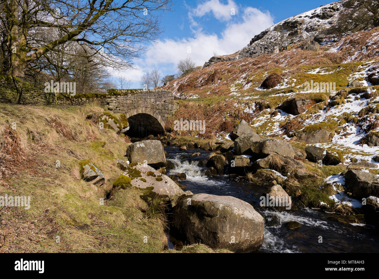 Scenic rural view of blue sky, winter snow & small, rustic, stone ...