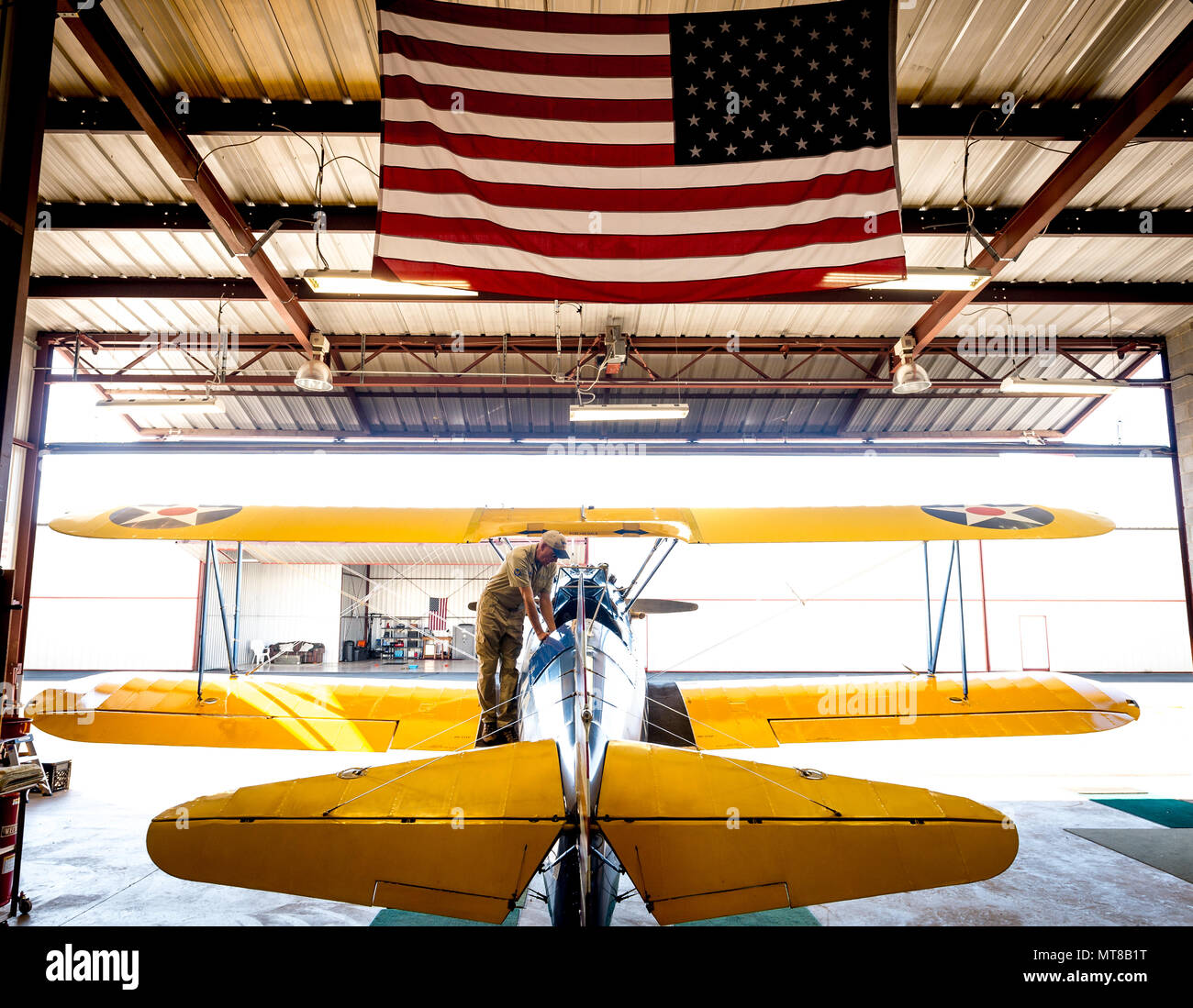First Sgt. David Brown, Air Force Reserve, prepares his PT-17 Stearman ...