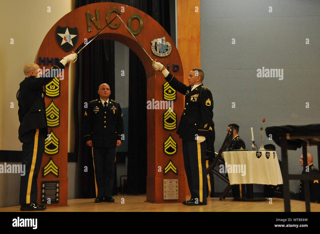 A newly promoted NCO walks through the NCO arch and crossed sabers ...