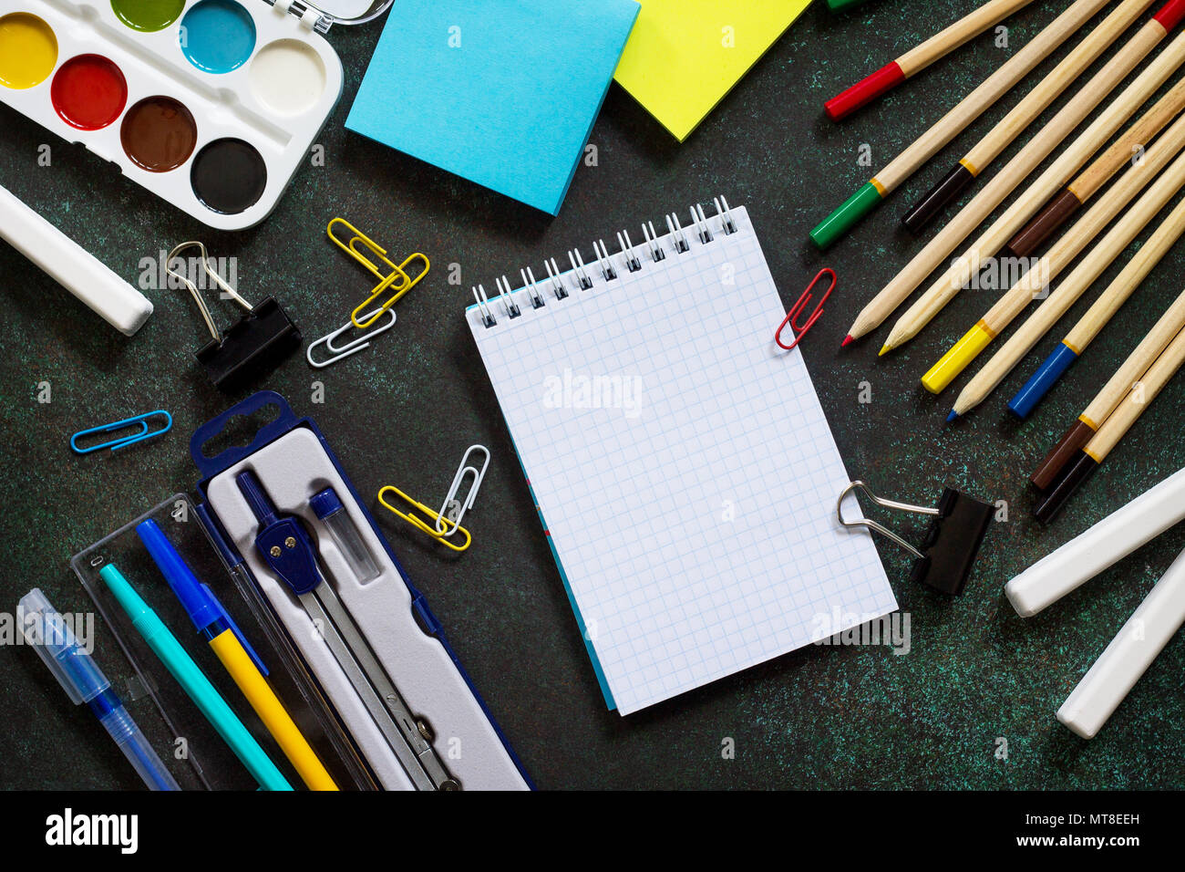 Back to school concept. Items for the school. Top view flat lay ...