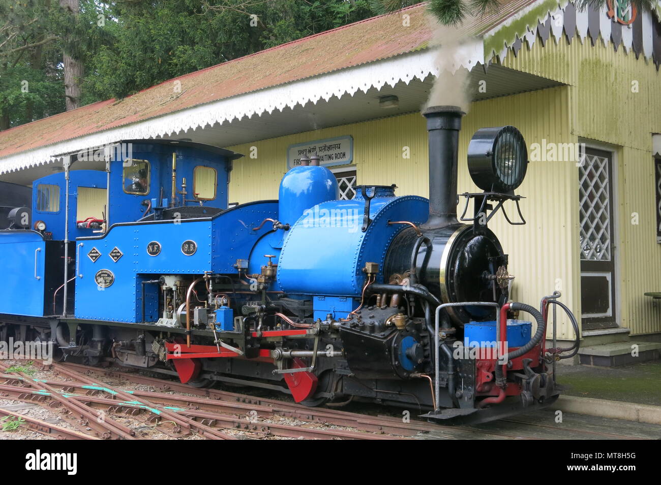 A bright blue steam engine on the garden railway at Adrian Shooter's ...