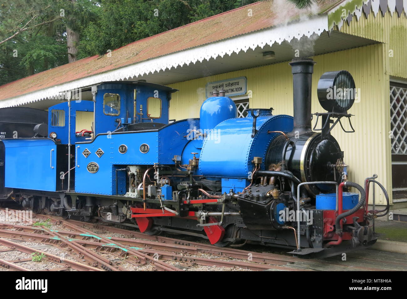 A bright blue steam engine on the garden railway at Adrian Shooter's ...