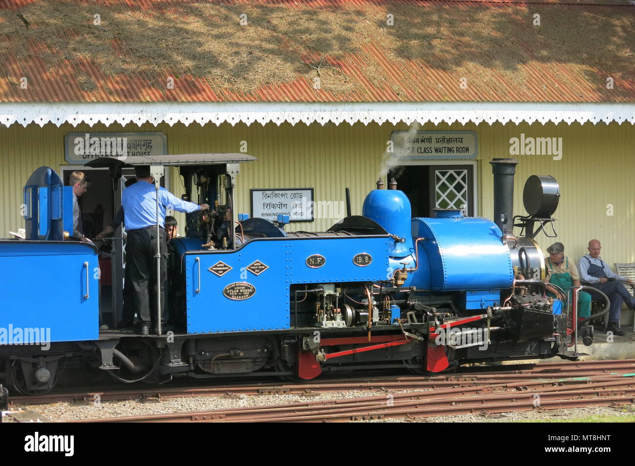 A bright blue steam engine on the garden railway at Adrian Shooter's ...