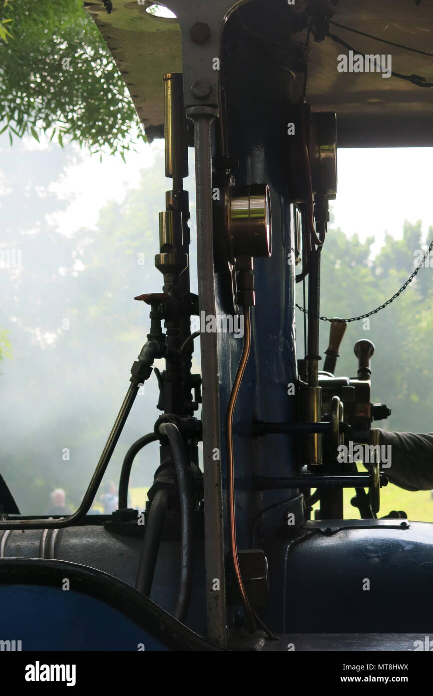 Close-up across the front of the cab in a steam engine, showing the ...