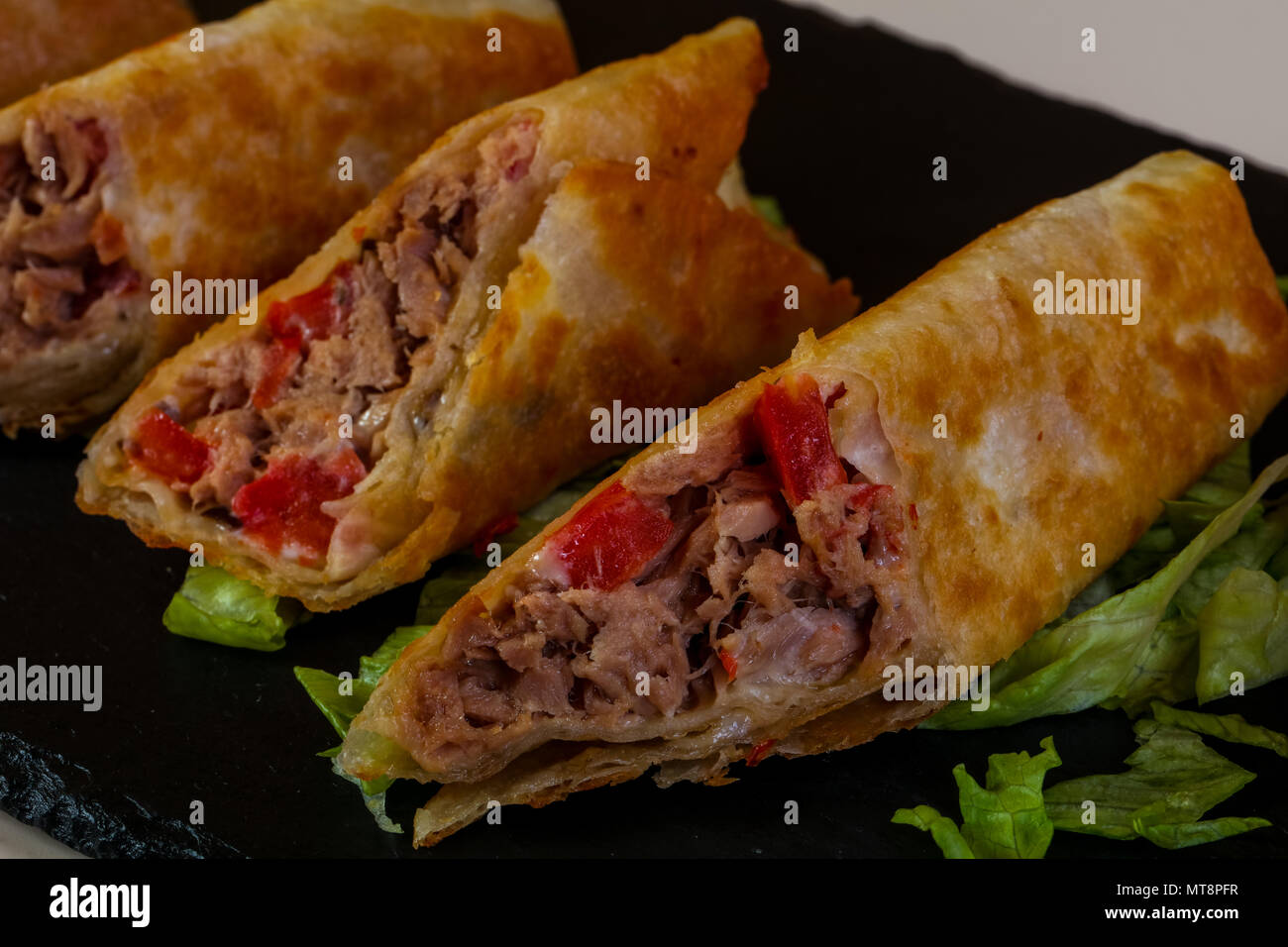Hot Meat pastries with sauce Stock Photo - Alamy