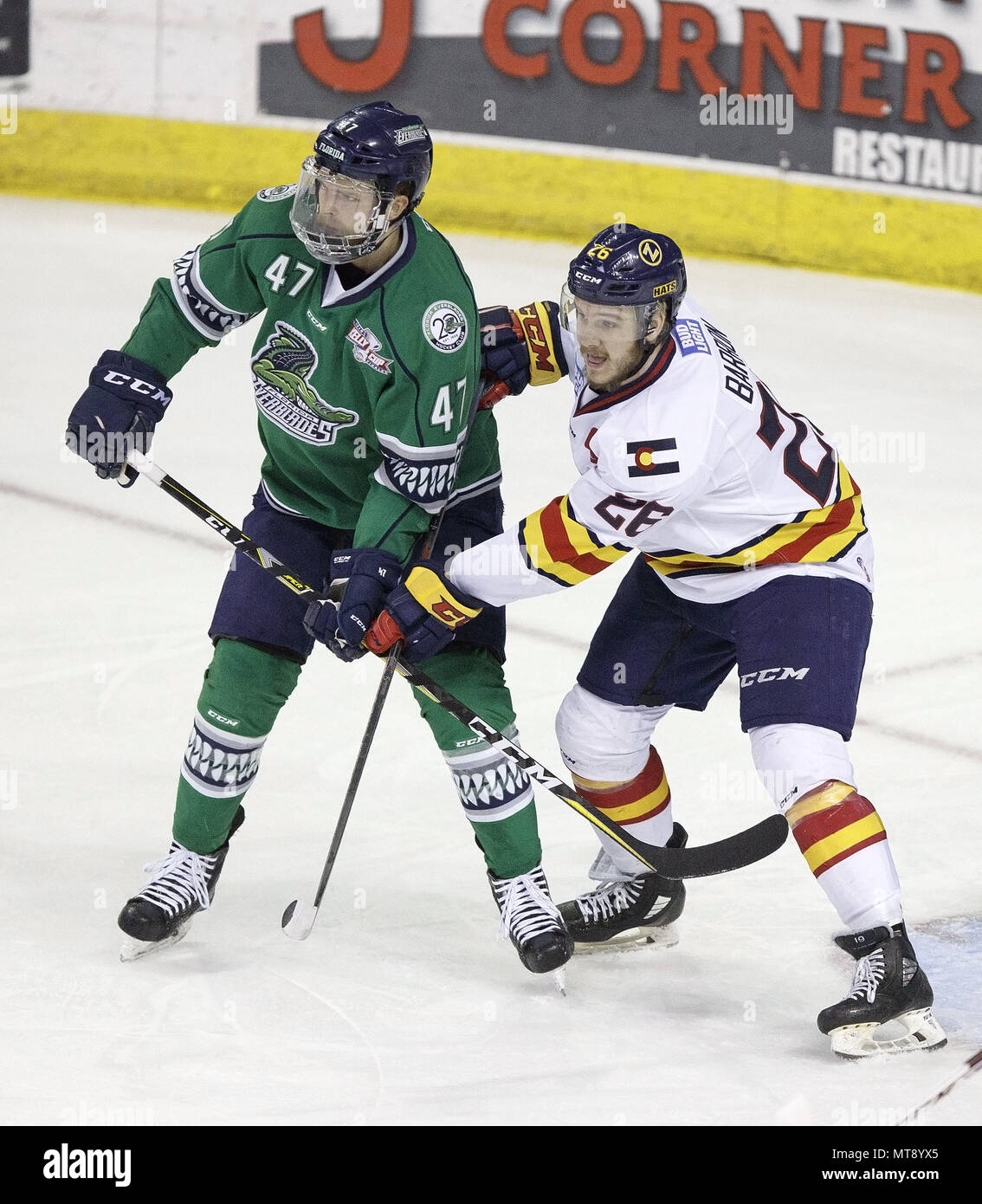 Loveland, Colorado, USA. 27th May, 2018. Eagles TRAVIS BARRON, right ...