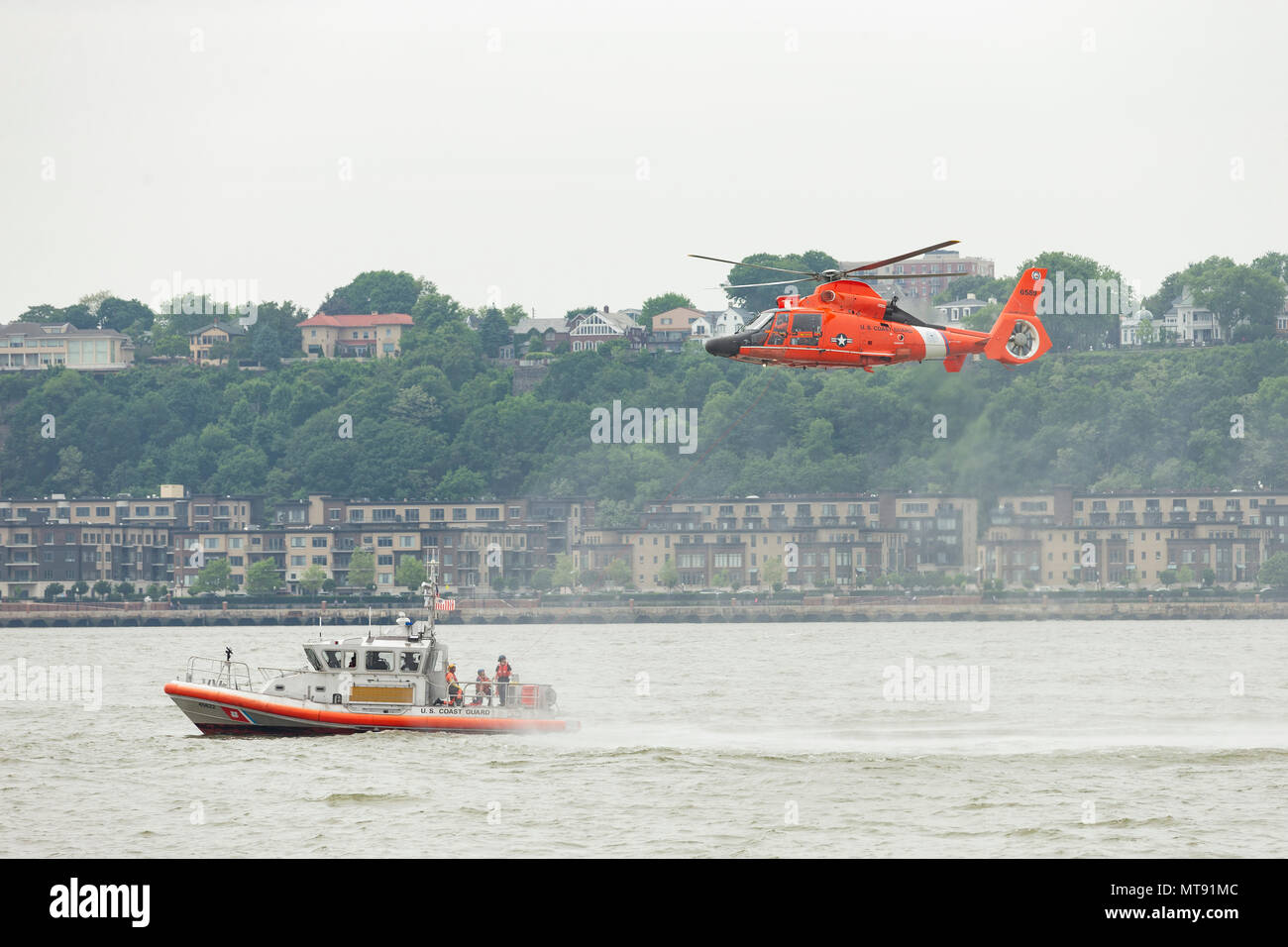 New York, NY - May 28, 2018: US Coast Guards MH-65D Dolphin helicopter ...