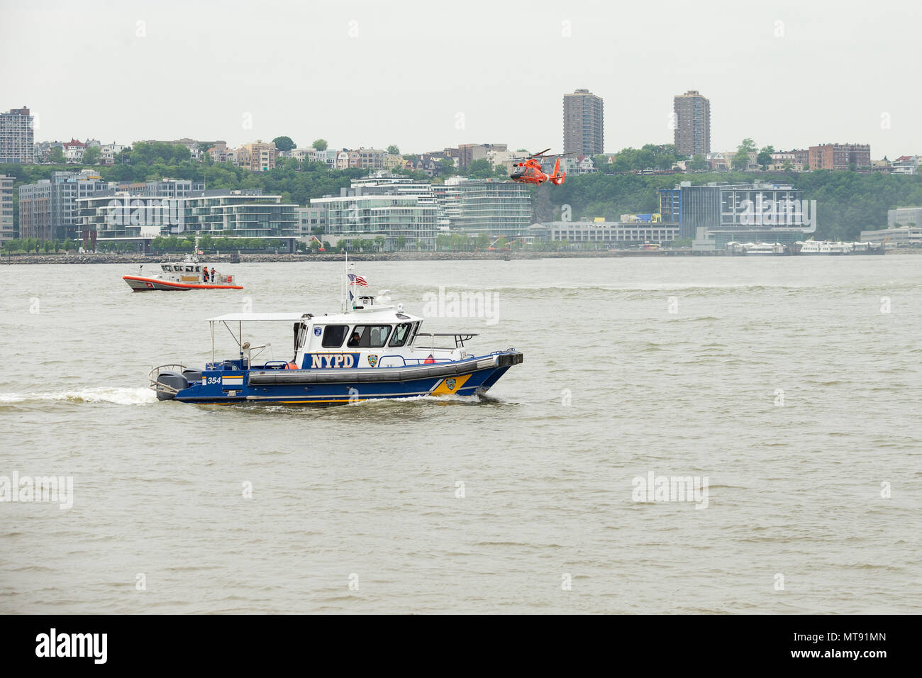 New York, NY - May 28, 2018: US Coast Guards MH-65D Dolphin helicopter ...