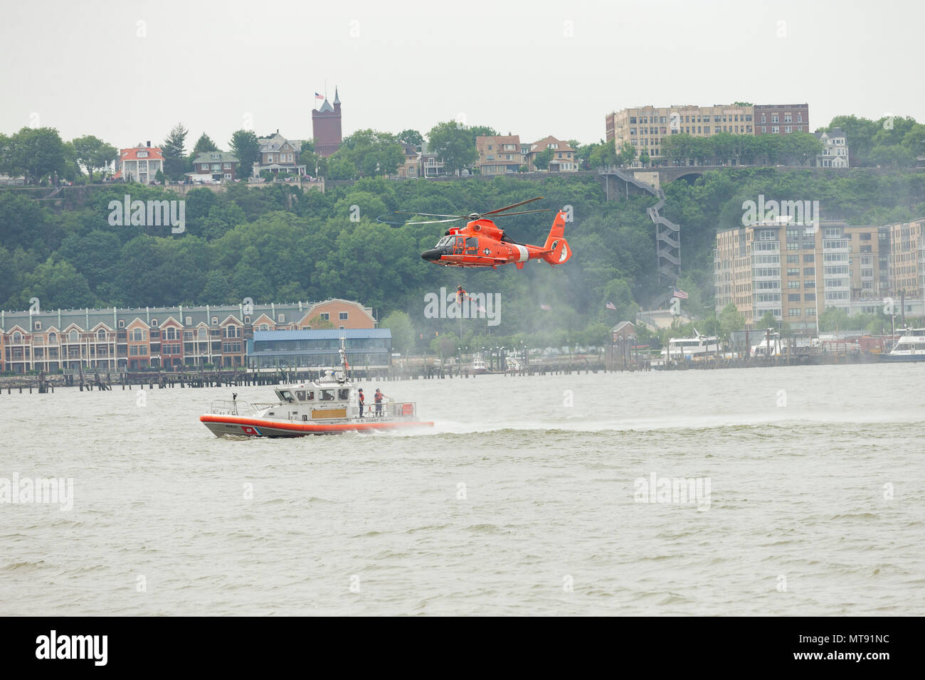 New York, NY - May 28, 2018: US Coast Guards MH-65D Dolphin helicopter ...