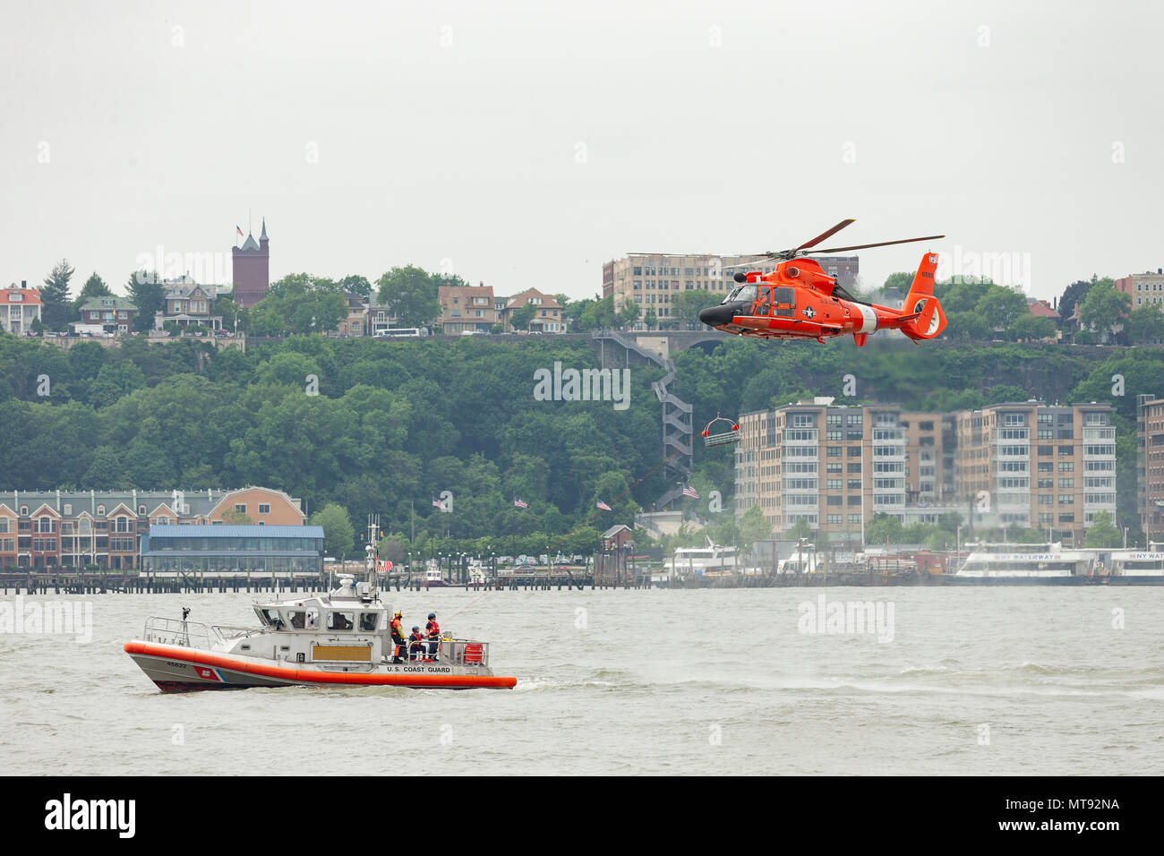 New York, NY - May 28, 2018: US Coast Guards MH-65D Dolphin helicopter ...