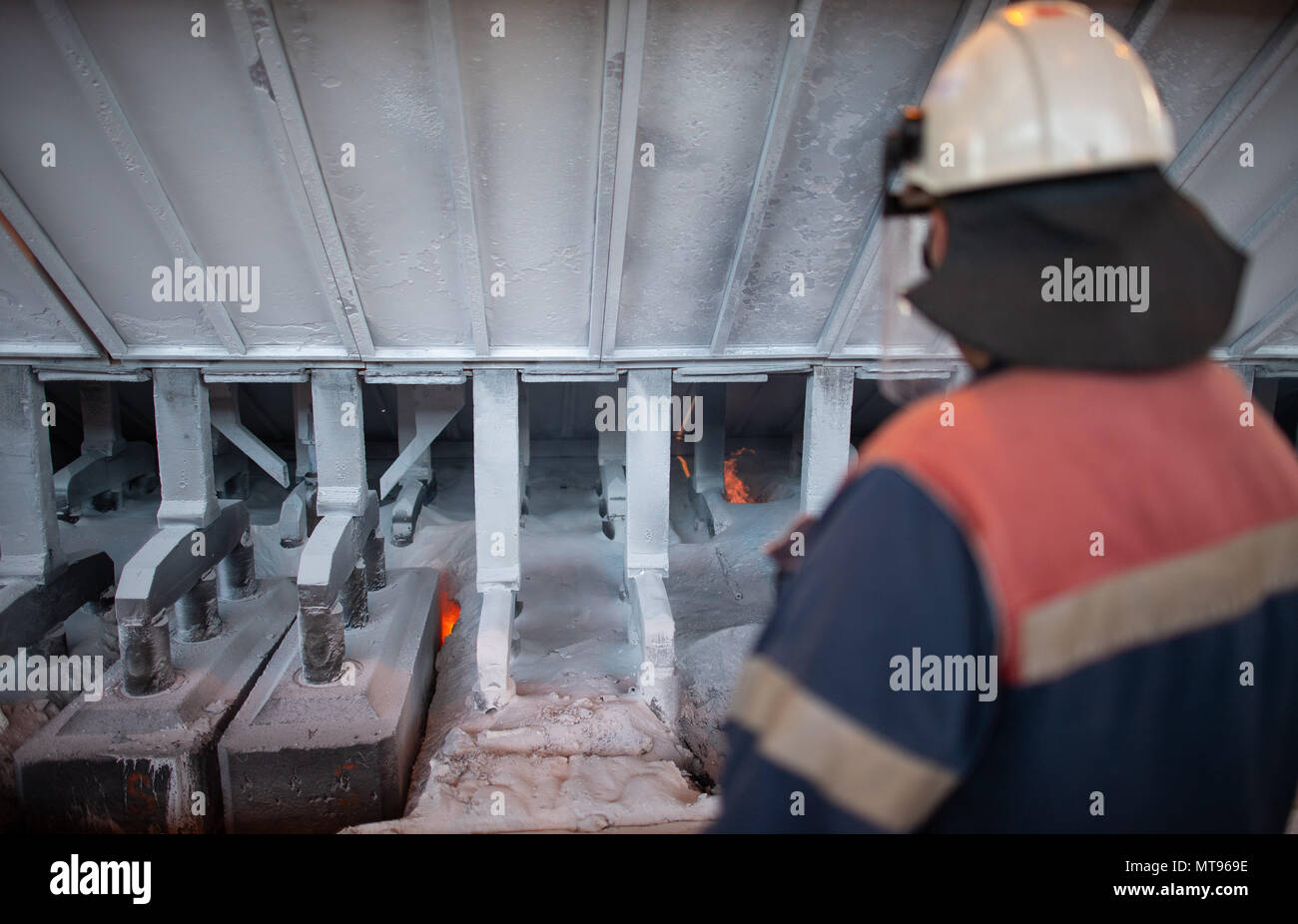 Production of aluminium at TRIMET Aluminium SE in Essen, North Rhine ...