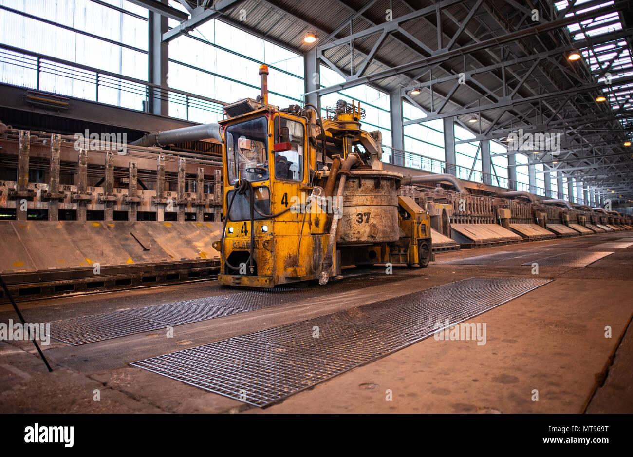Production of aluminium at TRIMET Aluminium SE in Essen, North Rhine ...