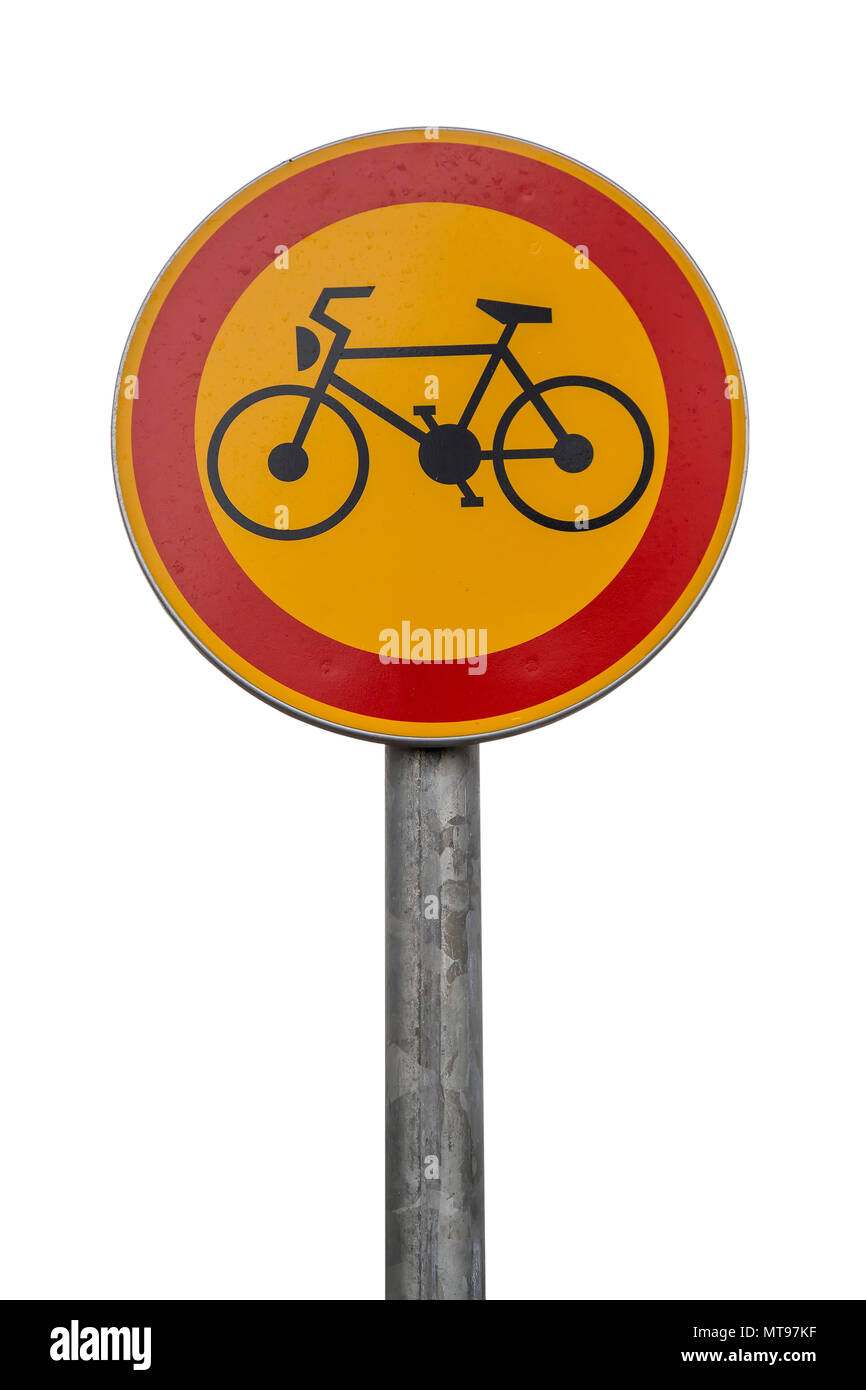 No cycling road sign on pole post, large round isolated no bicycle on ...