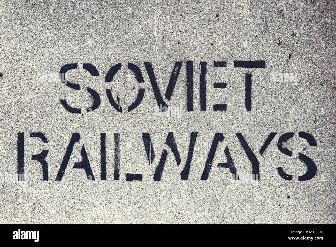 Soviet railways words painted on old used cargo container at port ...