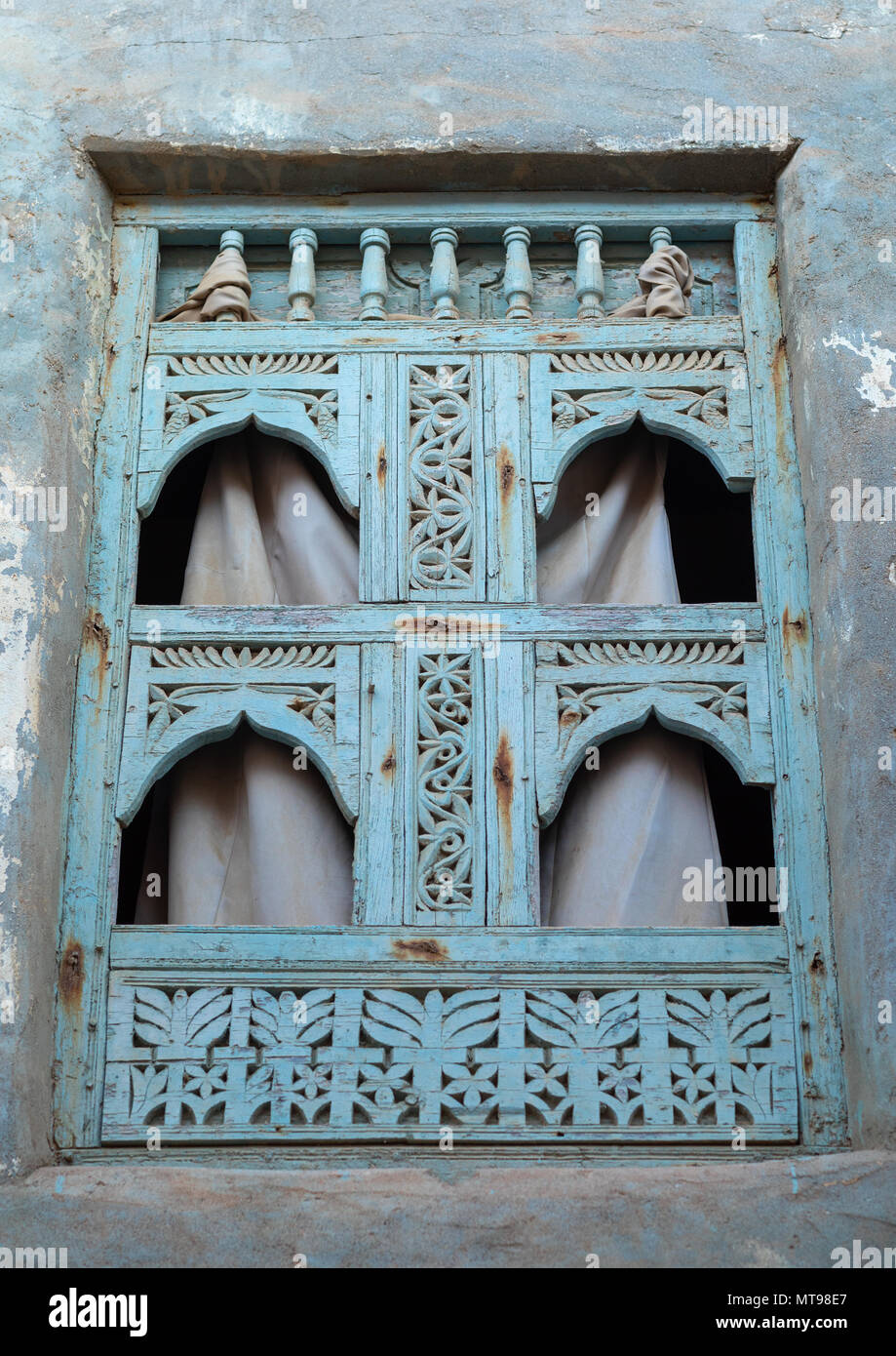 Wooden carved window of an abandoned house, Dhofar Governorate, Mirbat ...