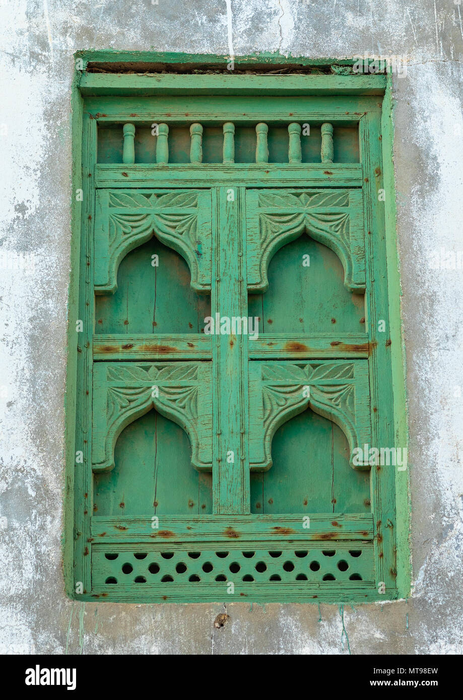 Wooden carved window of an abandoned house, Dhofar Governorate, Mirbat ...