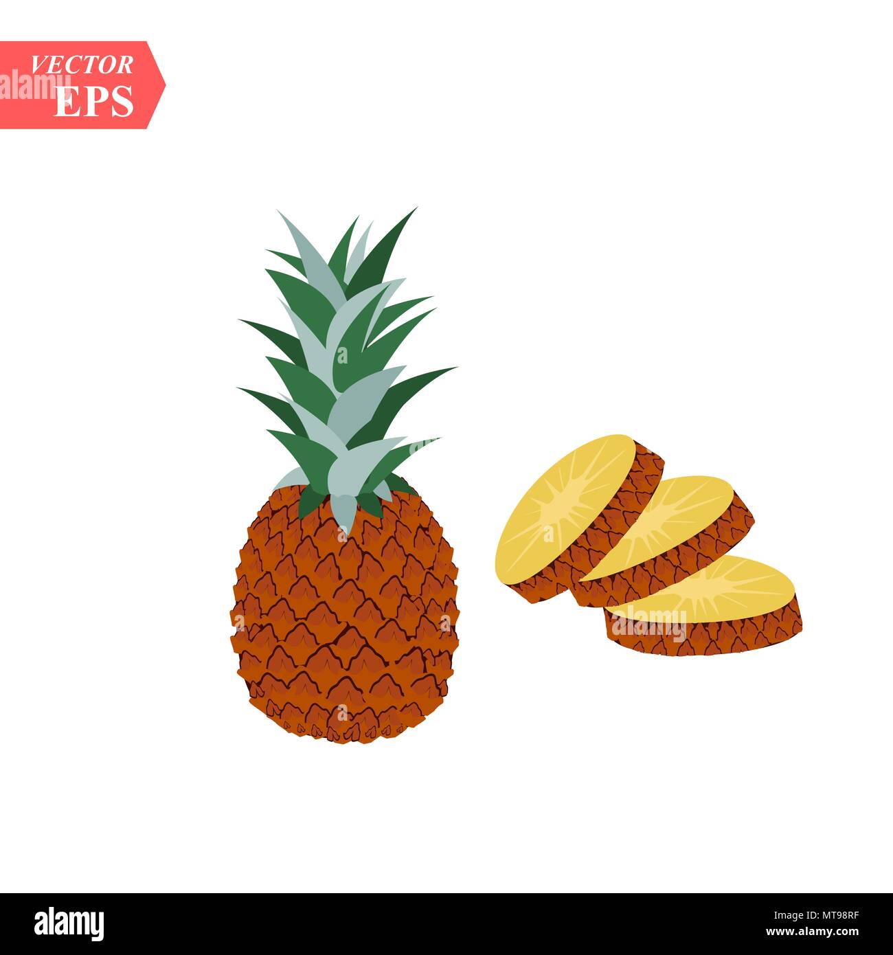 Whole pineapple with round slices and piece isolated on white ...