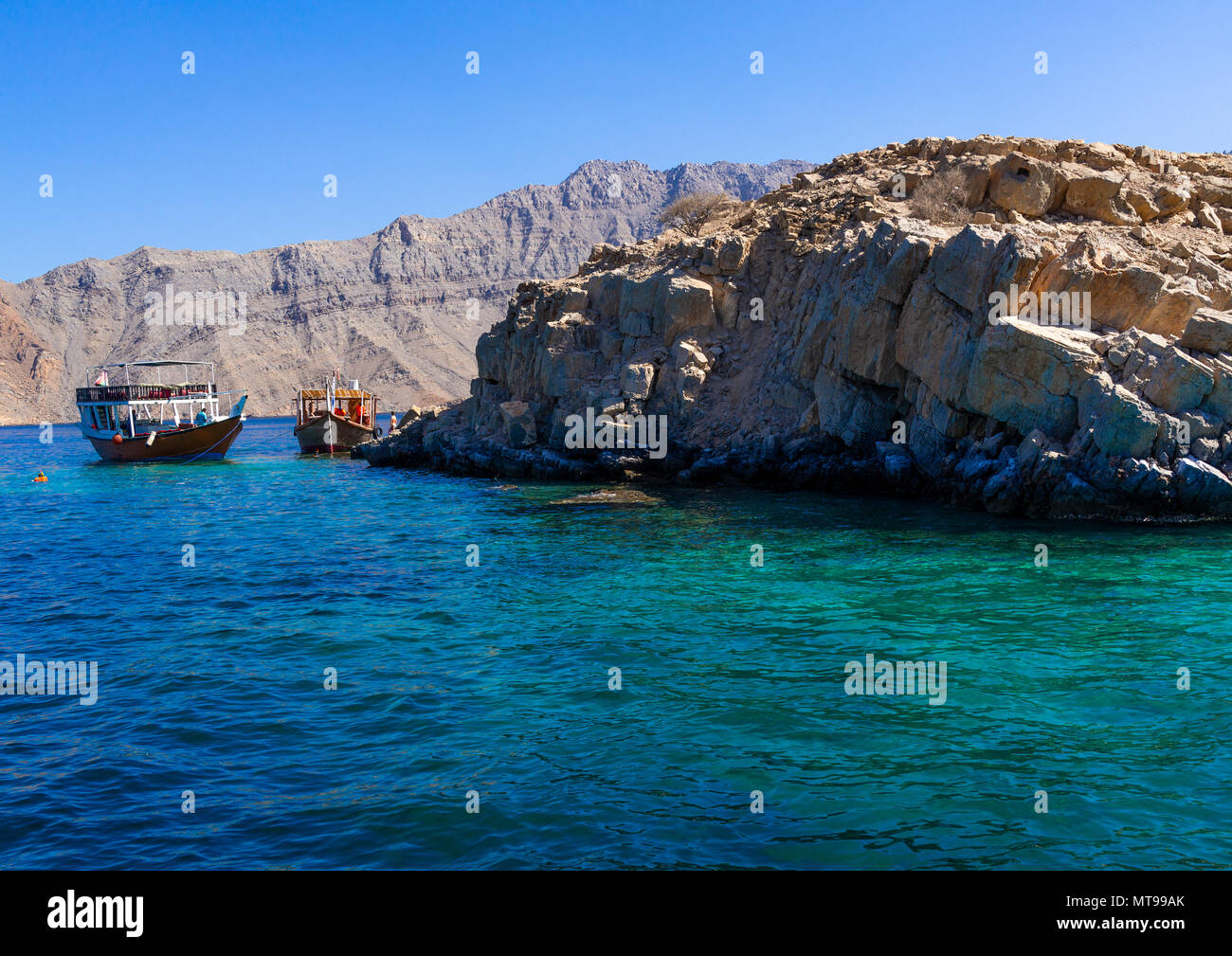Tourists snorkelling in telegraph island, Musandam Governorate, Khasab ...