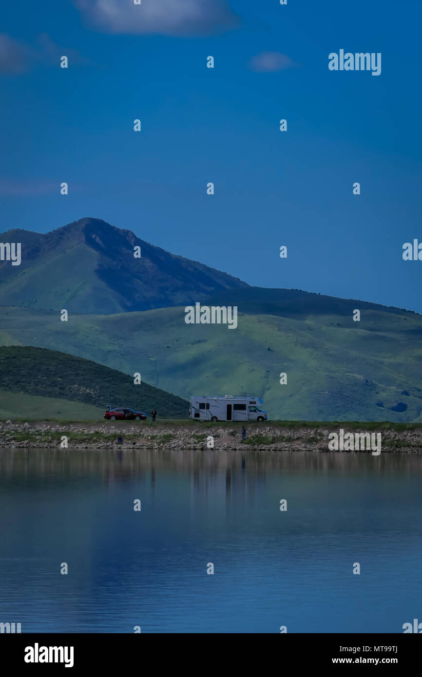 Idaho, USA, May 23, 2018: Outdoor view of a trailer in the riverside of ...