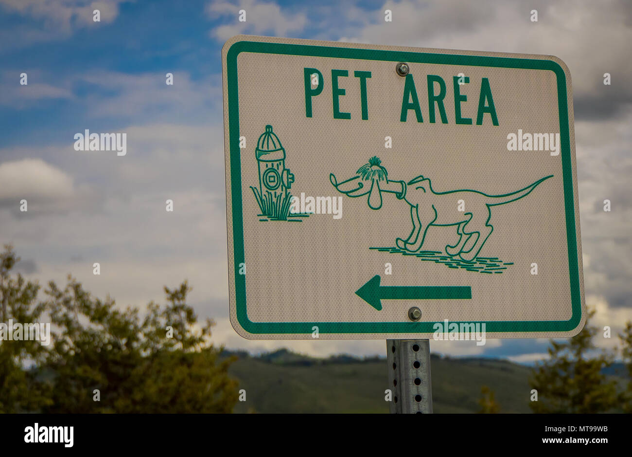 Idaho, USA, May 23, 2018: Outdoor view of informative sign of pet area ...