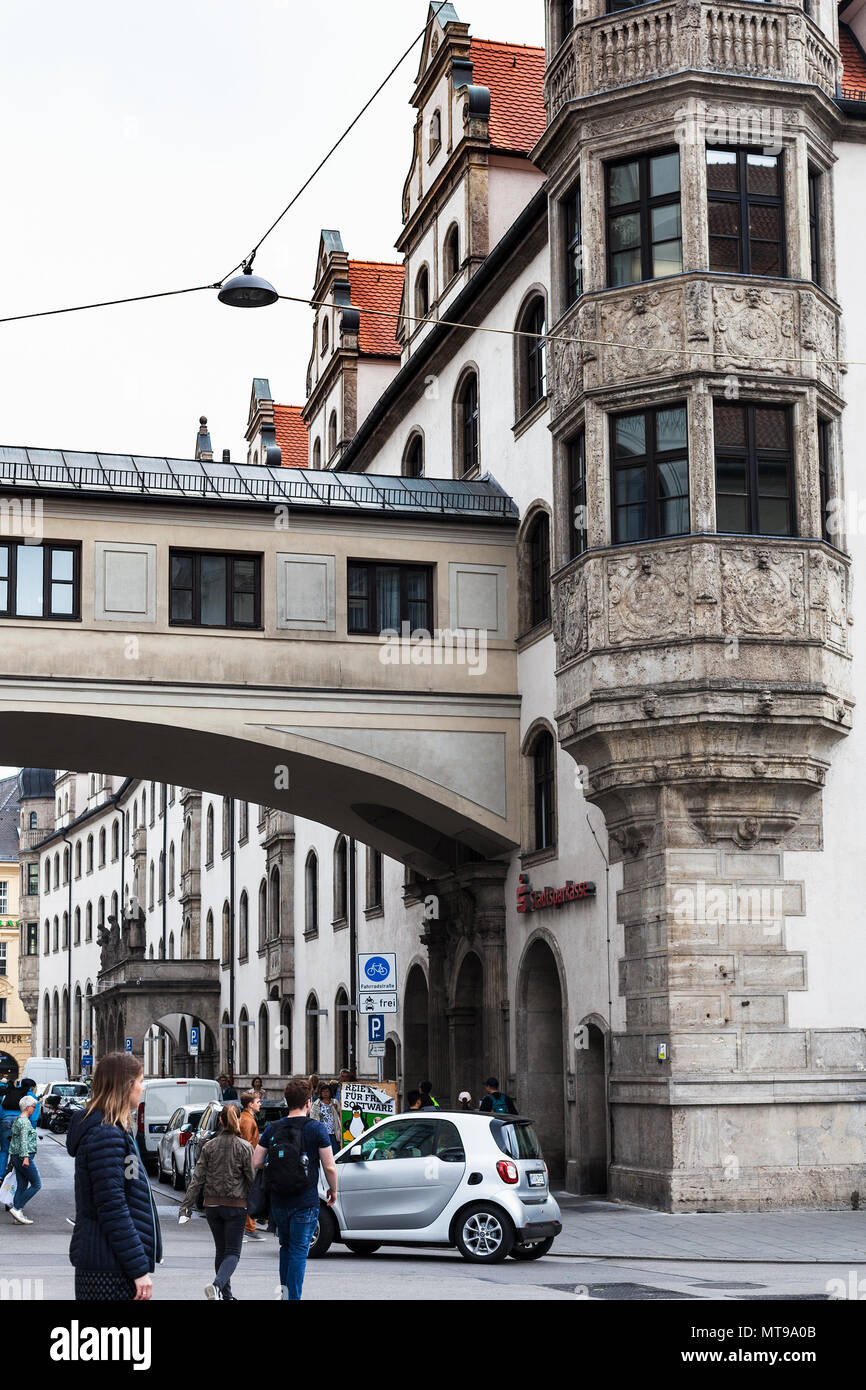 MUNICH, GERMANY - MAY 24, 2018: people on Sparkassenstrasse street in ...