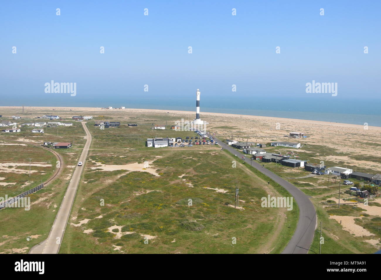 Panoramic view of the coastline at Dungeness, Kent, taken from the Old ...