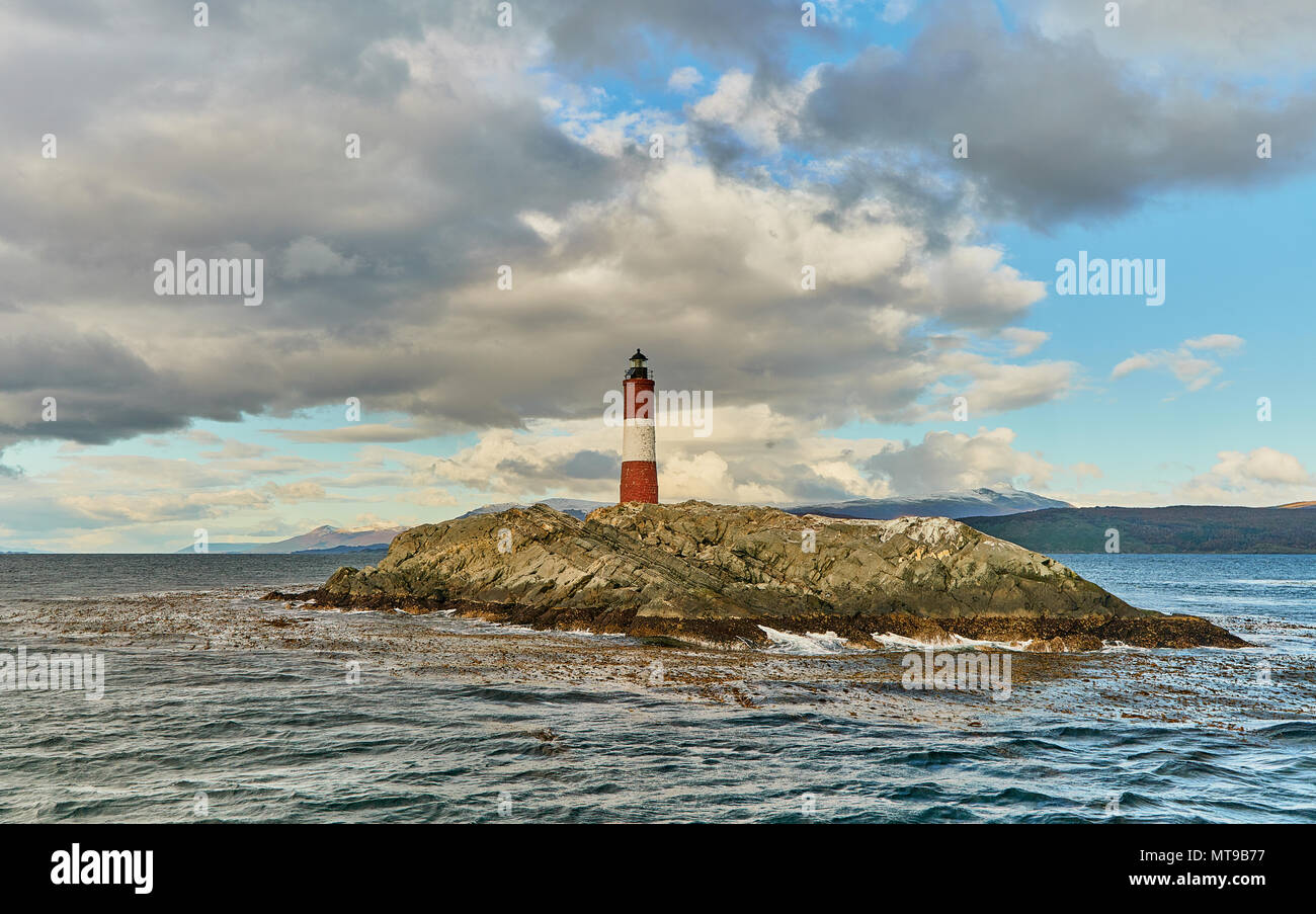 View of the Beagle lighthouse during the autumn cloudy day. Argentine ...