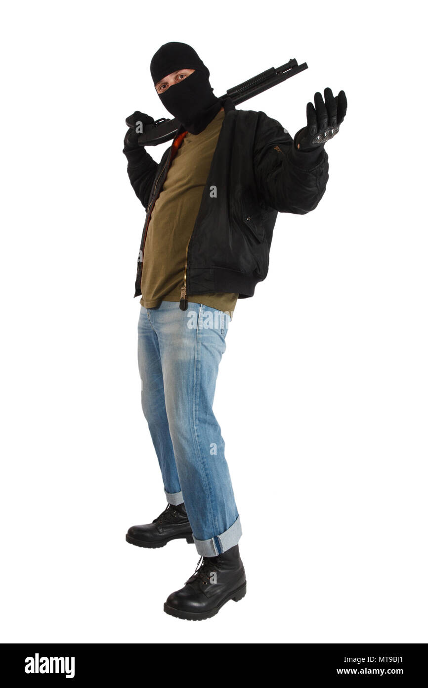 robber in black mask with shotgun isolated Stock Photo - Alamy