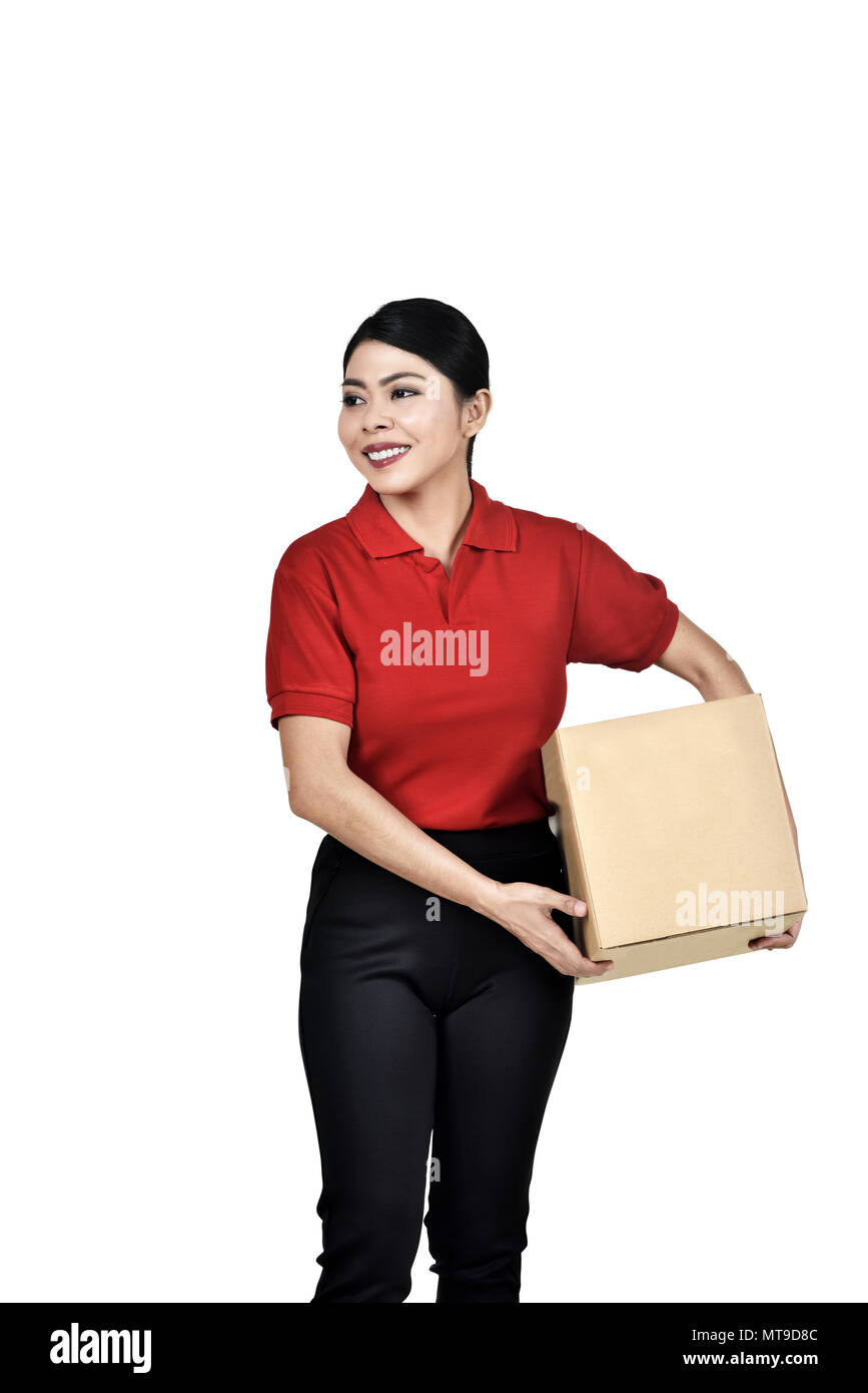Beautiful asian female delivery with cardboard boxes standing isolated ...