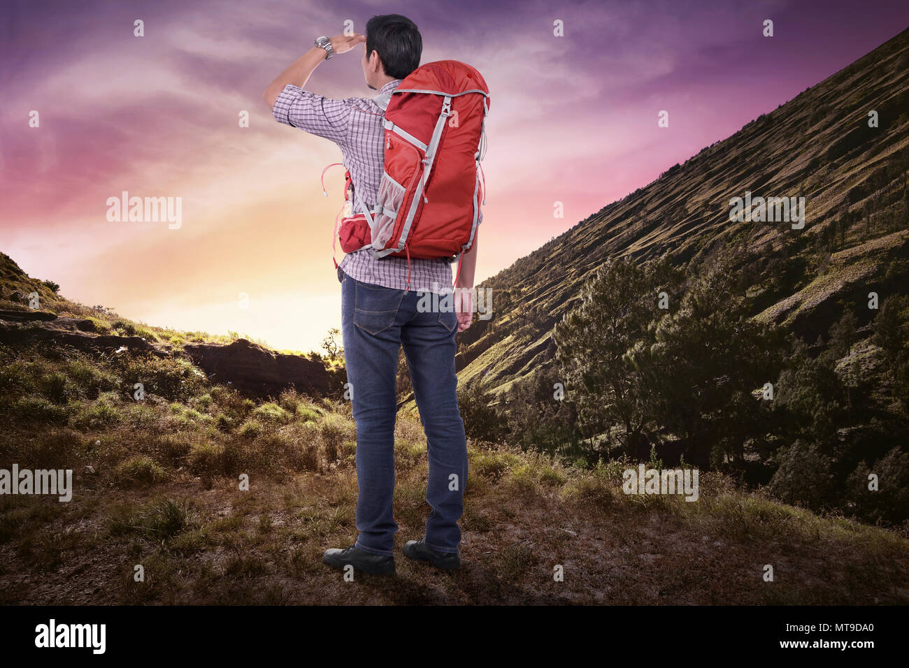 Back view of asian tourist man with backpack looking at scenery on the ...
