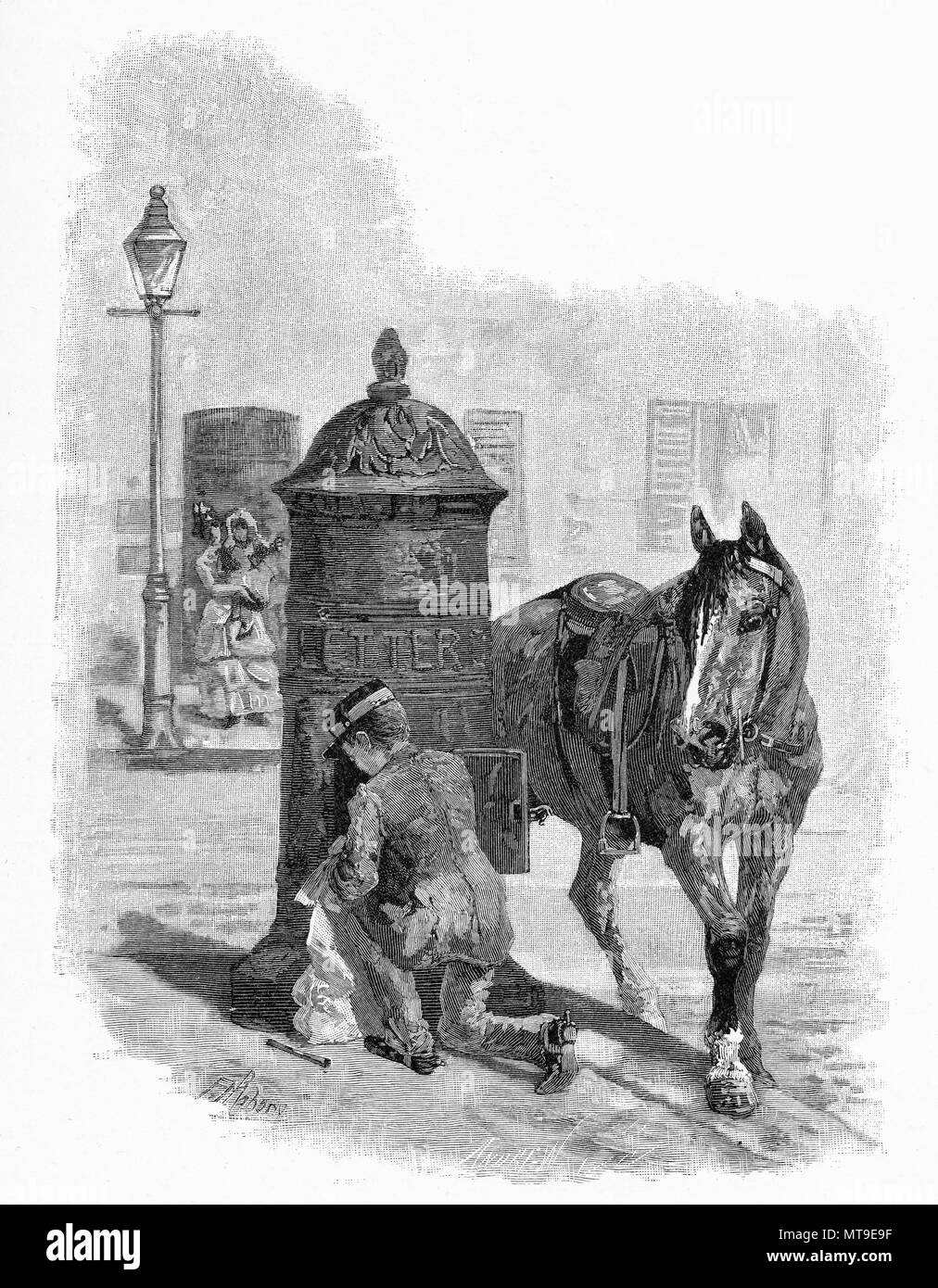 Engraving of a postal worker clearing a mail box, Australia. From the ...