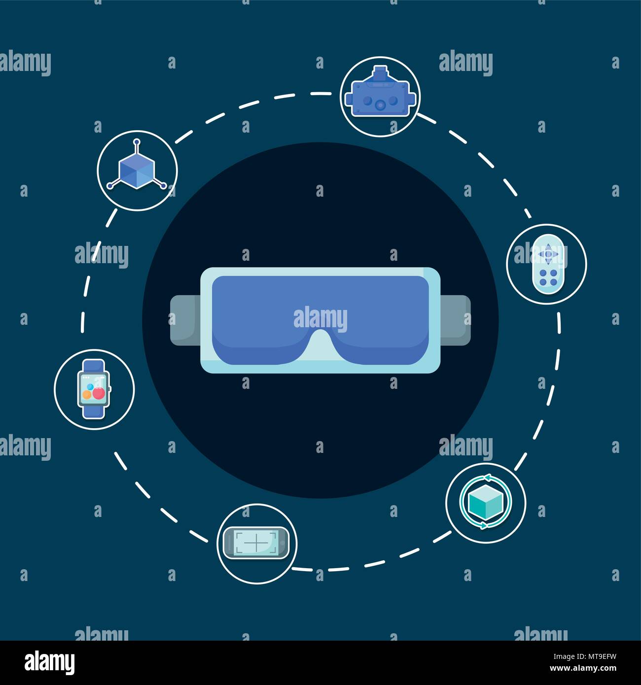 Virtual reality design with vr glasses and related icons around over ...