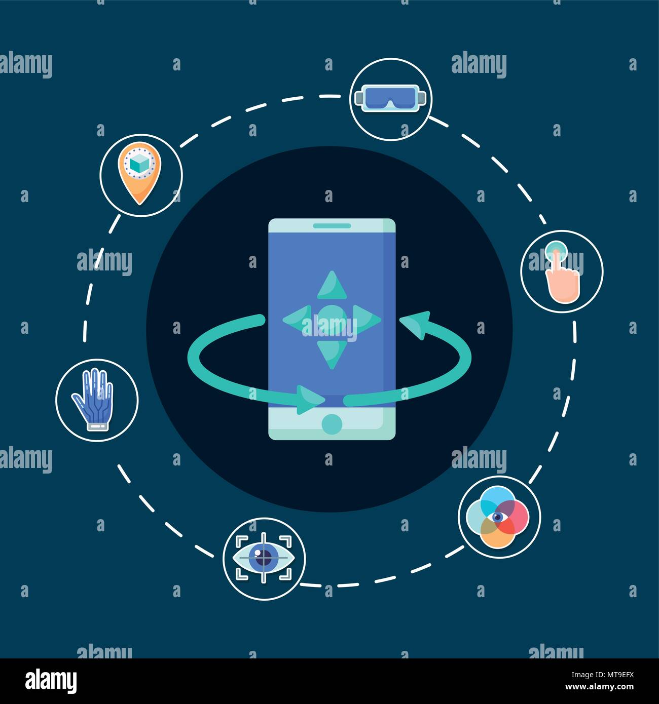 virtual reality design with smartphone and related icons around over ...