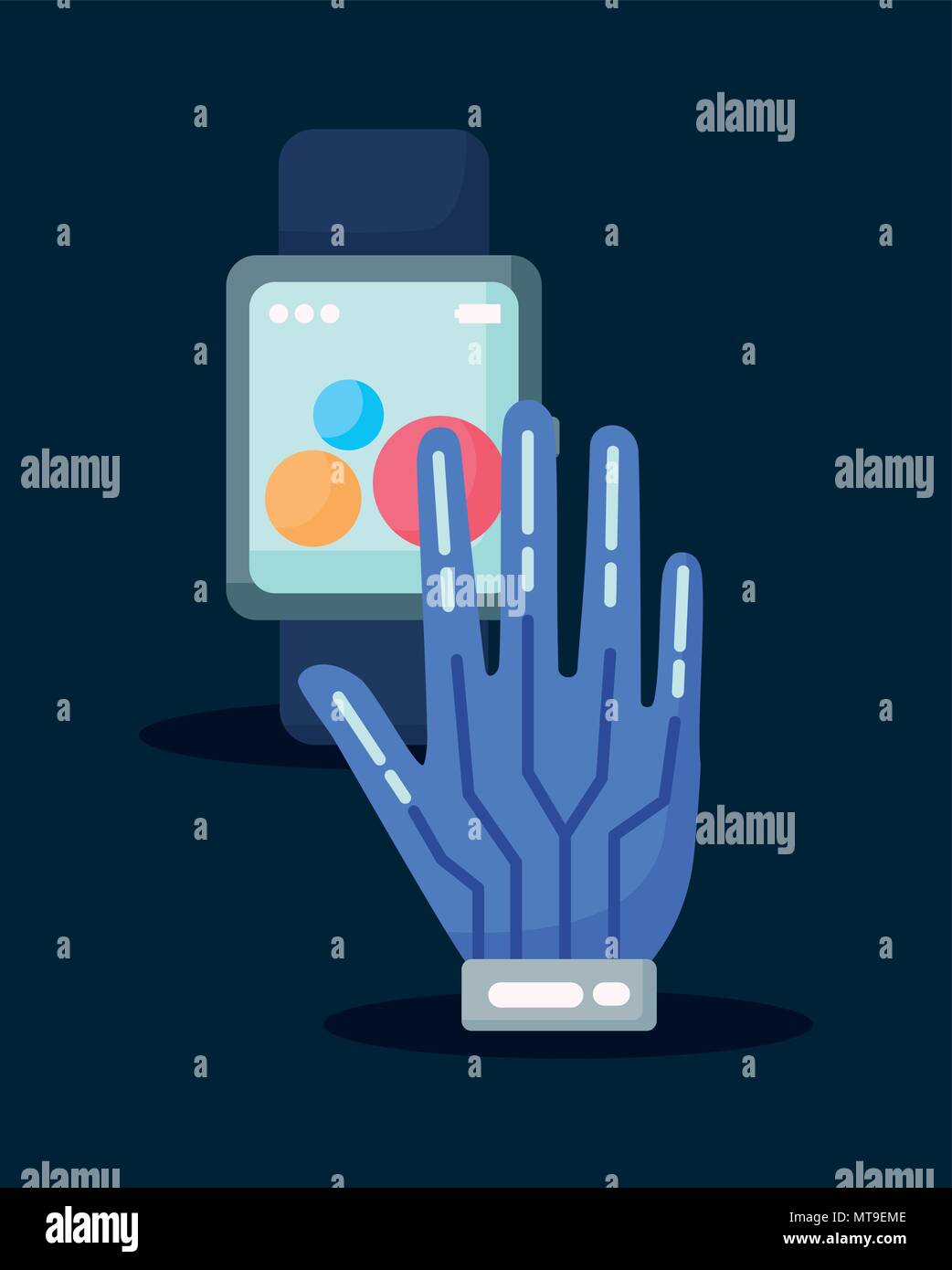 virtual reality design with wired glove and smartwatch over blue ...