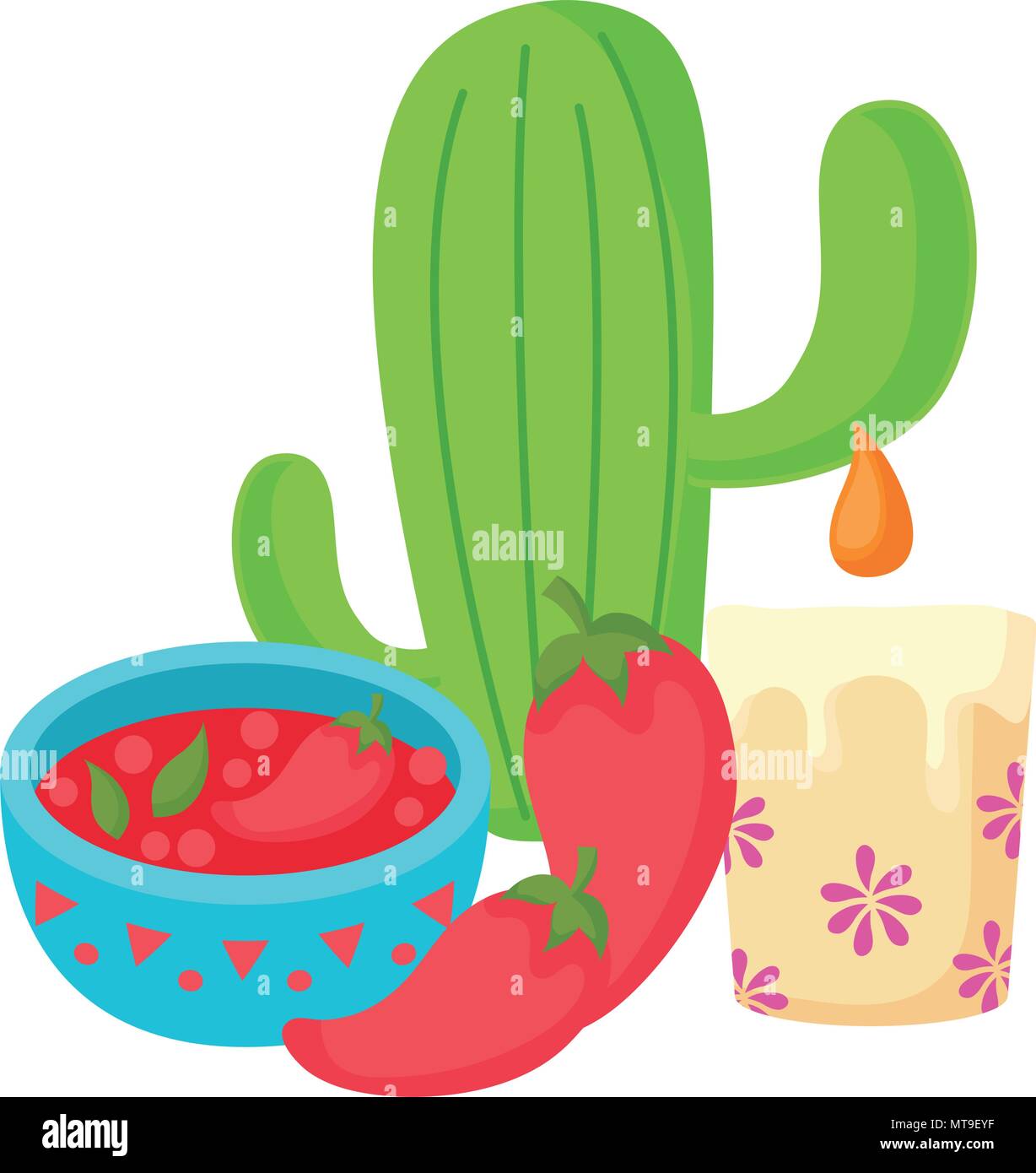 cactus plant with spicy sauce bowl and candle over white background ...