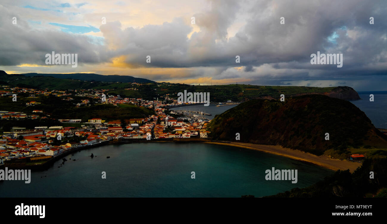 Sunset view to Horta, Porto Pim Bay and beach from mount Guia on Faial ...