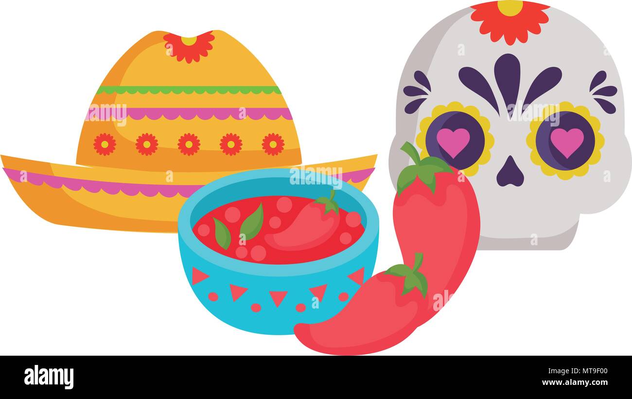 Mexican hat with mexican food and culture related icons over white ...